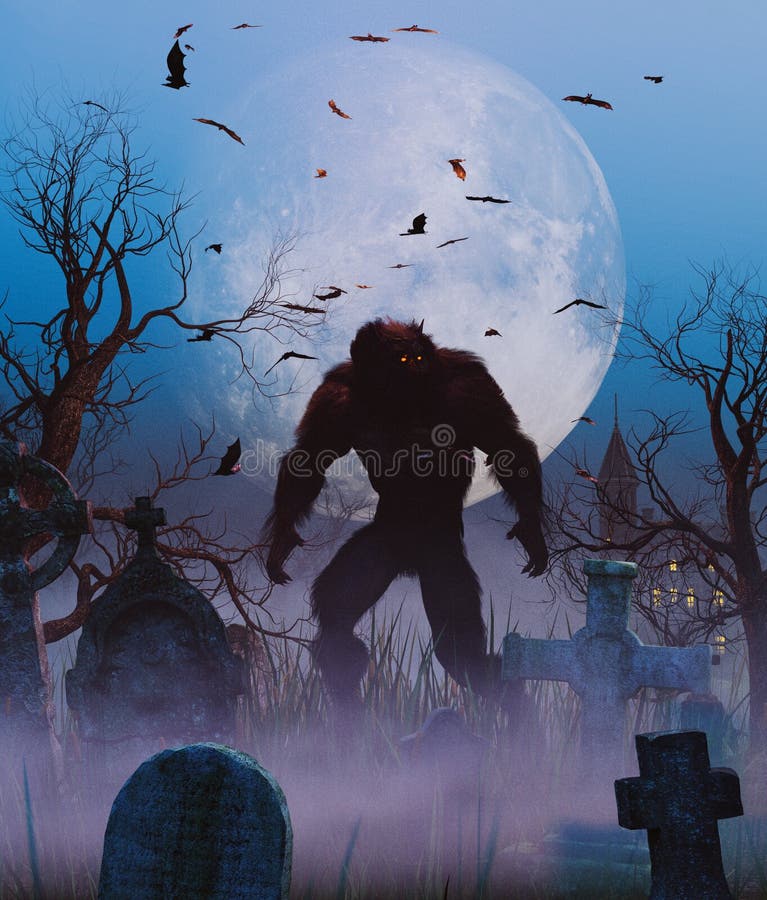 Werewolf in Graveyard Scene Stock Illustration - Illustration of people ...