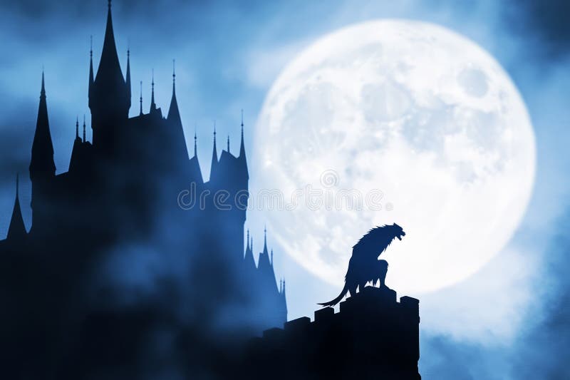 Werewolf Howling at Full Moon in Front of Gothic Castle Stock Image ...