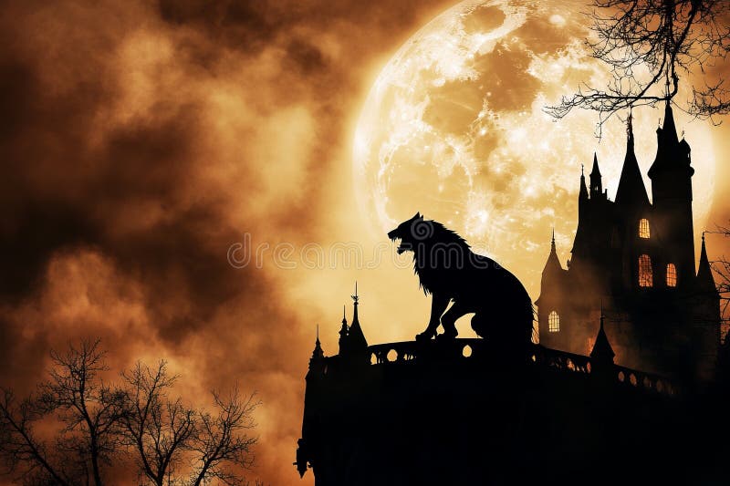 Werewolf Howling at Full Moon in Front of Gothic Castle Stock Photo ...