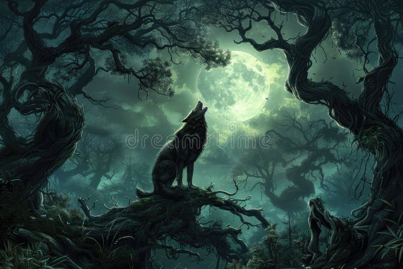 Werewolf Howling at the Moon in a Forest with Twisted Trees Stock ...