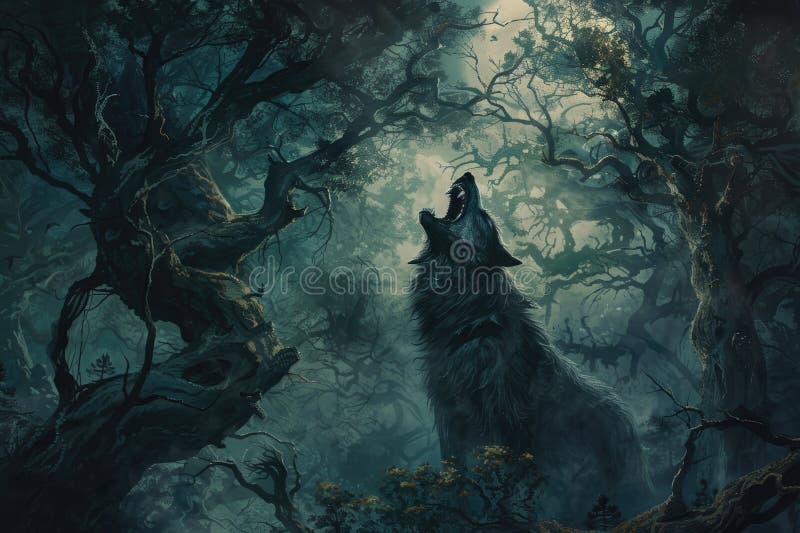 Werewolf Howling at the Moon in a Forest with Twisted Trees Stock ...