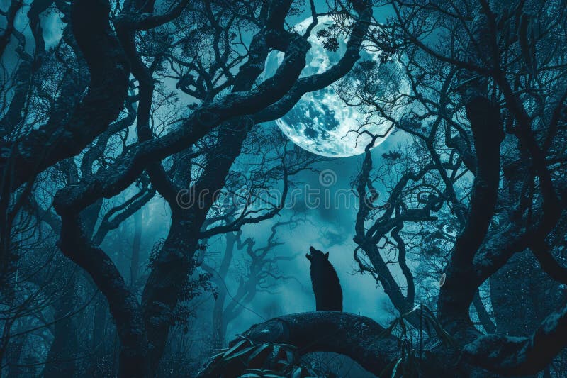 Werewolf Howling at the Moon in a Forest with Twisted Trees Stock ...
