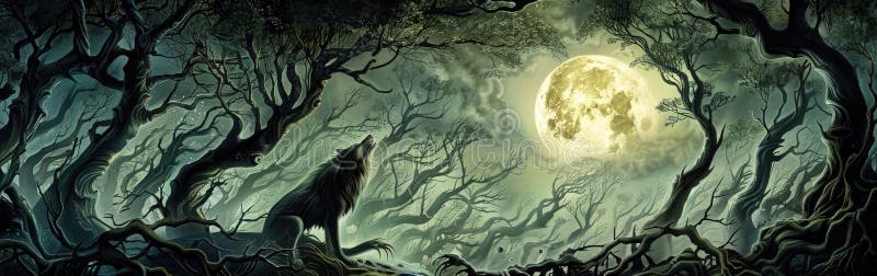 Werewolf Howling at the Moon in a Forest with Twisted Trees Stock ...