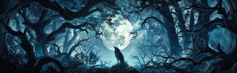Werewolf Howling at the Moon in a Forest with Twisted Trees Stock ...