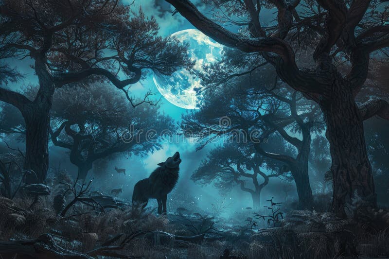 Werewolf Howling at the Moon in a Forest with Twisted Trees Stock ...