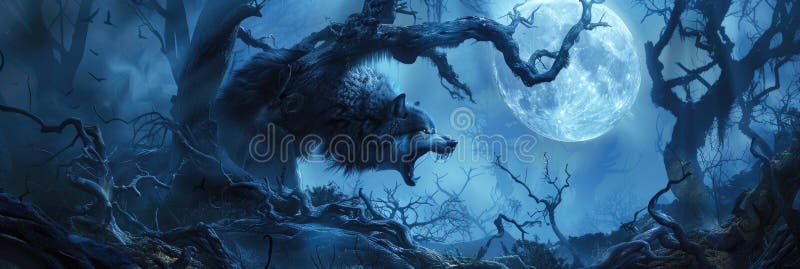 Werewolf Howling at the Moon in a Forest with Twisted Trees Stock ...