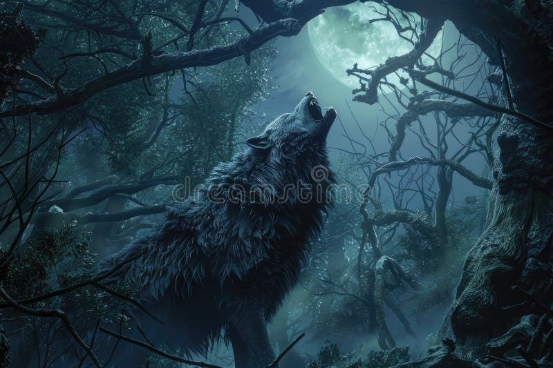 Werewolf Howling at the Moon in a Forest with Twisted Trees Stock ...