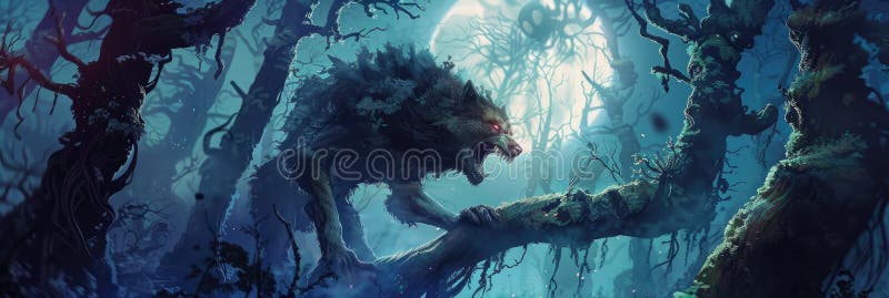 Werewolf Howling at the Moon in a Forest with Twisted Trees Stock ...