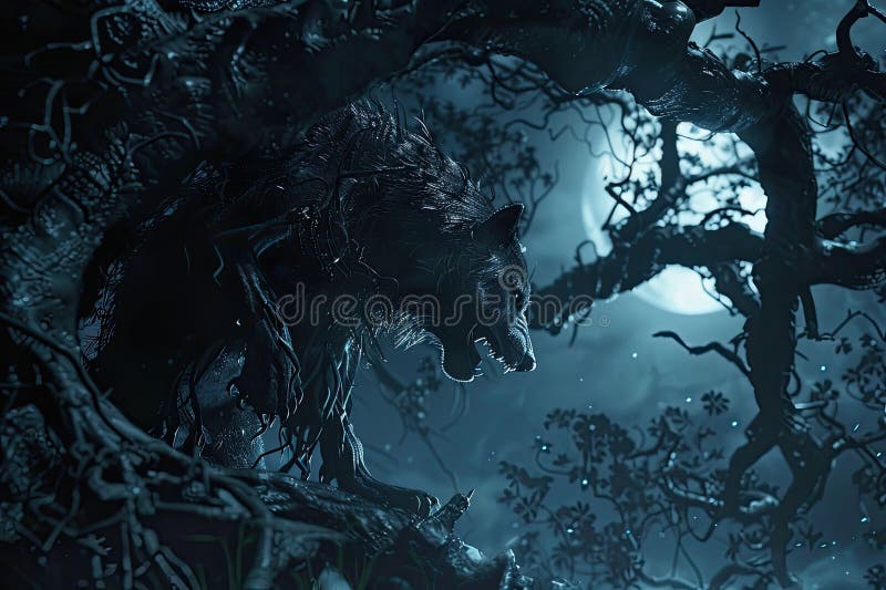 Werewolf Howling at the Moon in a Forest with Twisted Trees Stock ...