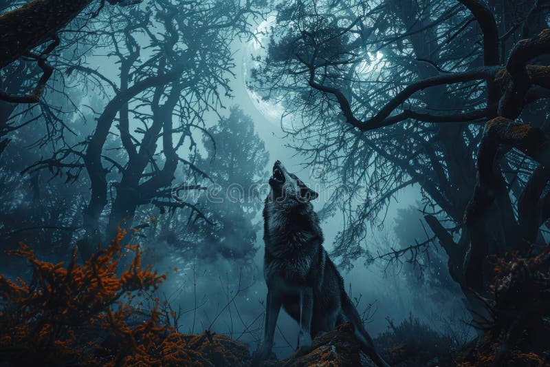 Werewolf Howling at the Moon in a Forest with Twisted Trees Stock ...