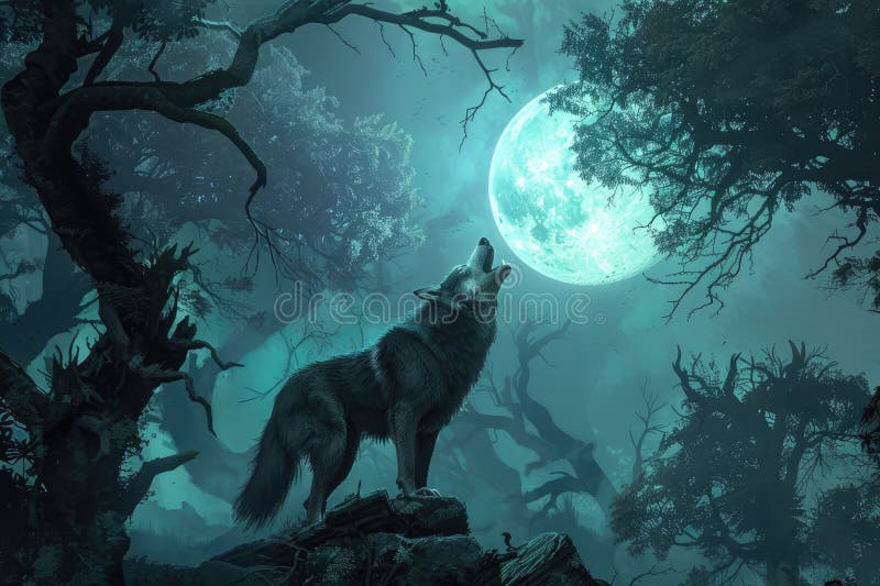 Werewolf Howling at the Moon in a Forest with Twisted Trees Stock ...