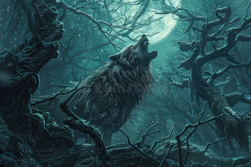 Werewolf Howling at the Moon in a Forest with Twisted Trees Stock ...