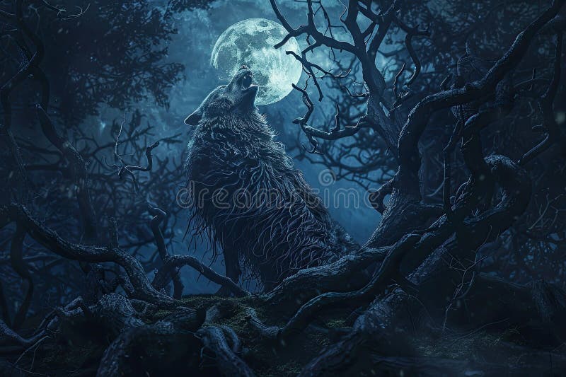 Werewolf Howling at the Moon in a Forest with Twisted Trees Stock ...