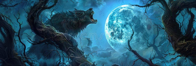 Werewolf Howling at the Moon in a Forest with Twisted Trees Stock ...