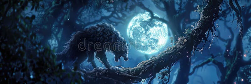 Werewolf Howling at the Moon in a Forest with Twisted Trees Stock ...