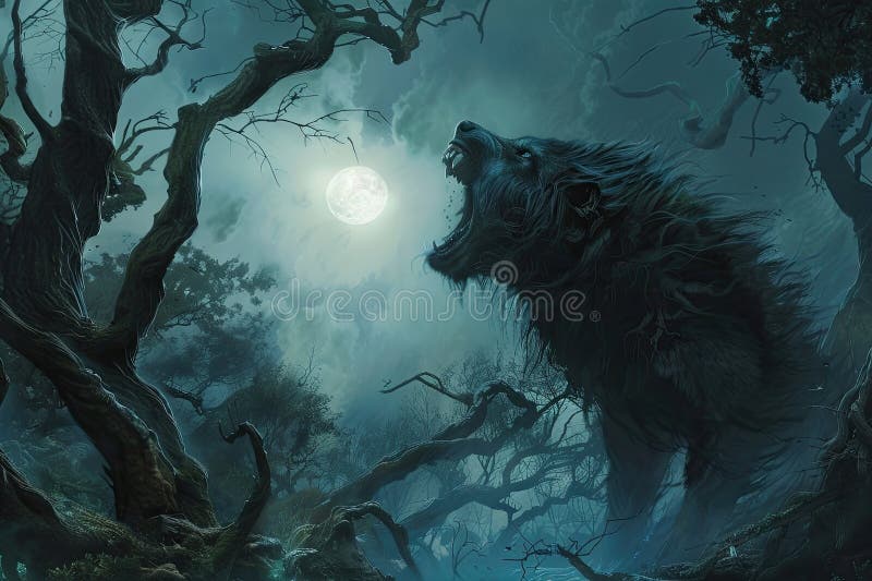 Werewolf Howling at the Moon in a Forest with Twisted Trees Stock ...