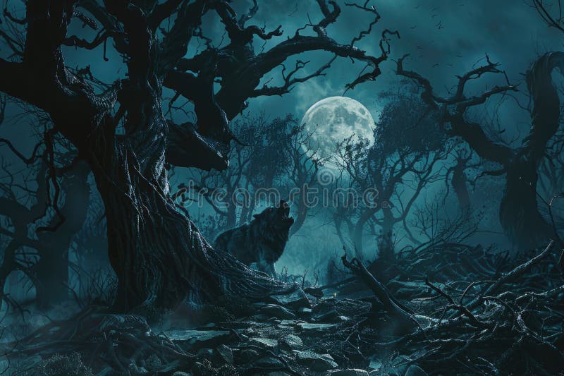 Werewolf Howling at the Moon in a Forest with Twisted Trees Stock ...