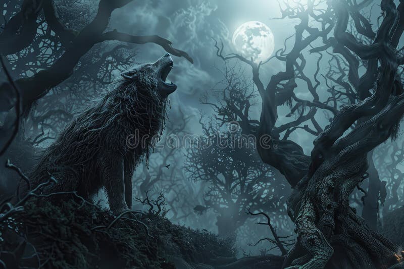 Werewolf Howling at the Moon in a Forest with Twisted Trees Stock ...
