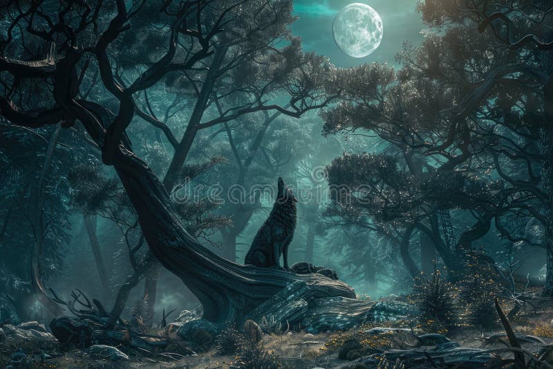 Werewolf Howling at the Moon in a Forest with Twisted Trees Stock ...