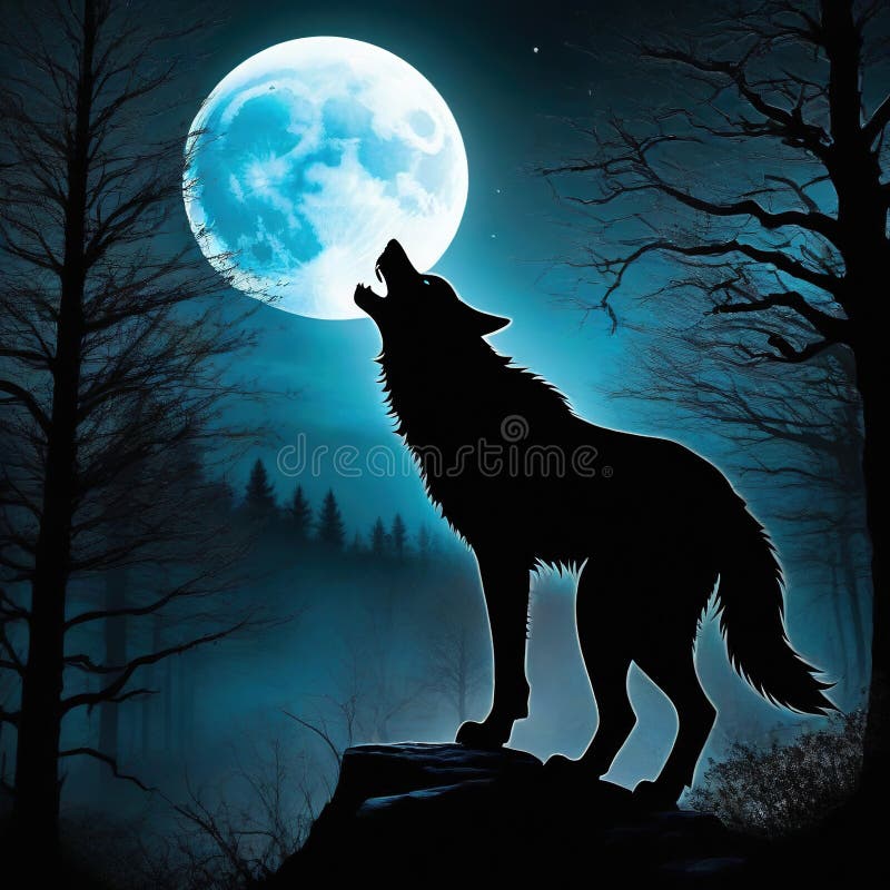 Werewolf Howling at the Moon in a Forest with Twisted Trees Stock ...