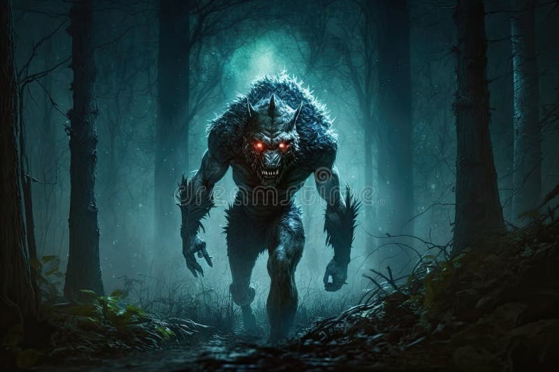 Werewolf Prowling through Moonlit Forest, Eyes Fixed on Prey Stock ...