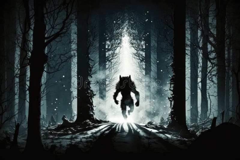 Werewolf Running through Moonlit Forest, with the Beams of Light ...