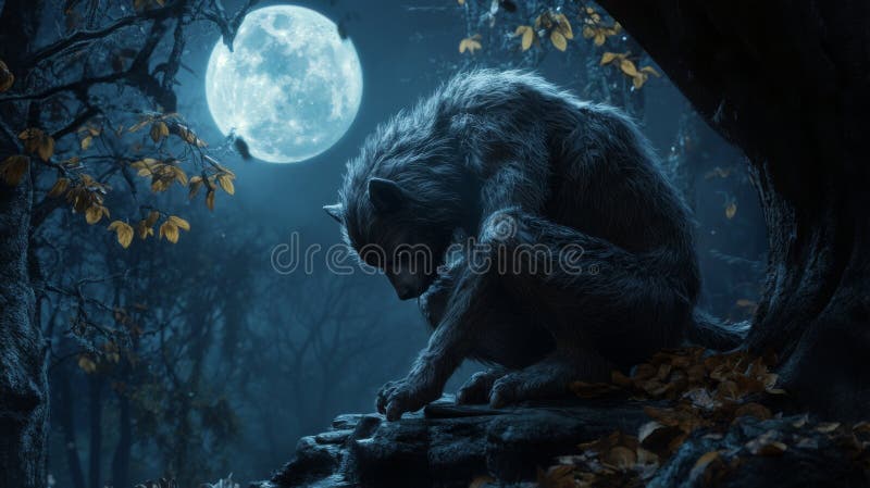 Werewolf Sitting on a Rock in a Moonlight Forest Stock Illustration ...