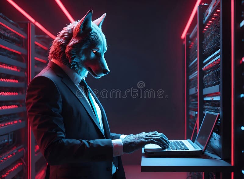 Werewolf is Typing on a Laptop in a Server Room with Blue and Red ...