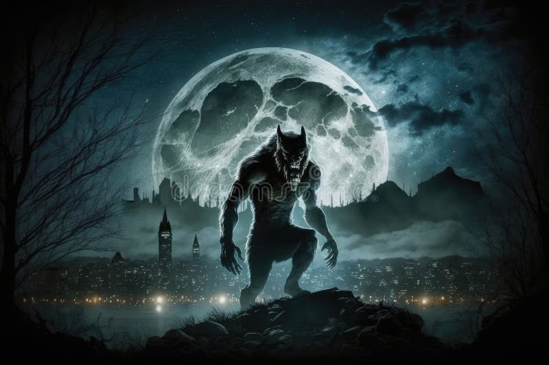 Werewolf, with View of Full Moon, in Dramatic Nighttime Scene Stock ...