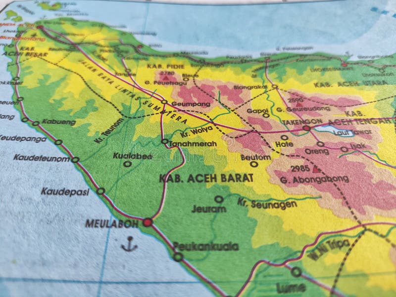 West Aceh Map and Major Cities Around it on Physical Map Stock Photo ...