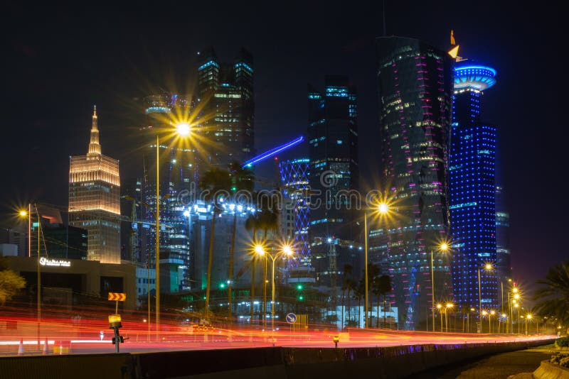 Doha corniche at night. editorial image. Image of illuminated - 182097365
