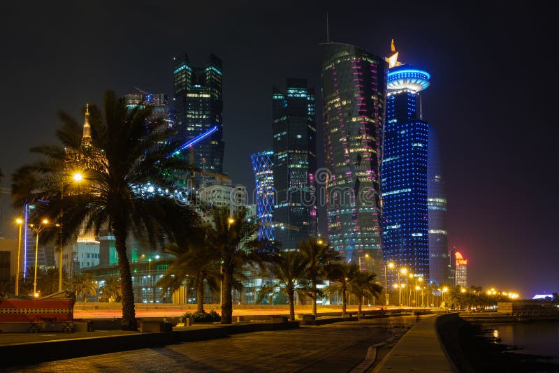 Doha corniche at night. editorial image. Image of modern - 182097425