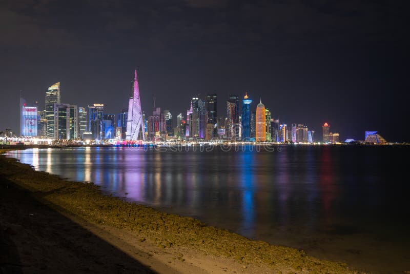 West Bay Doha Skyline at Night, Qatar, Middle East. Stock Photo - Image ...