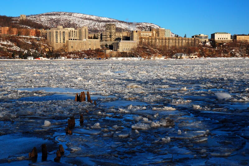 West Point on a Frozen Hudson River Stock Photo - Image of floes ...