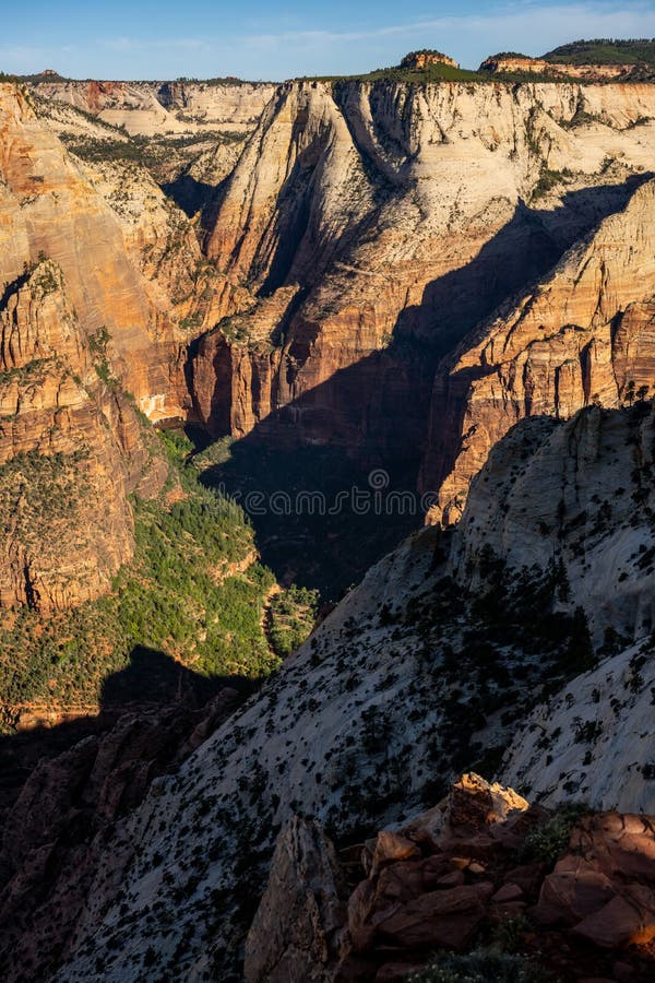 West Rim of Zion Canyon and Dramatic Shadows Below Stock Image - Image ...