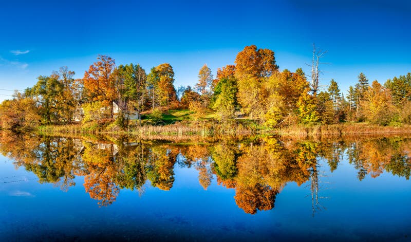 West River and Foliage Trees Colors in Vermont, Panoramic View Stock ...