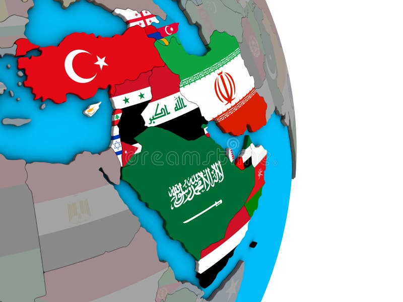 Western Asia with Flags on 3D Globe Stock Illustration - Illustration ...