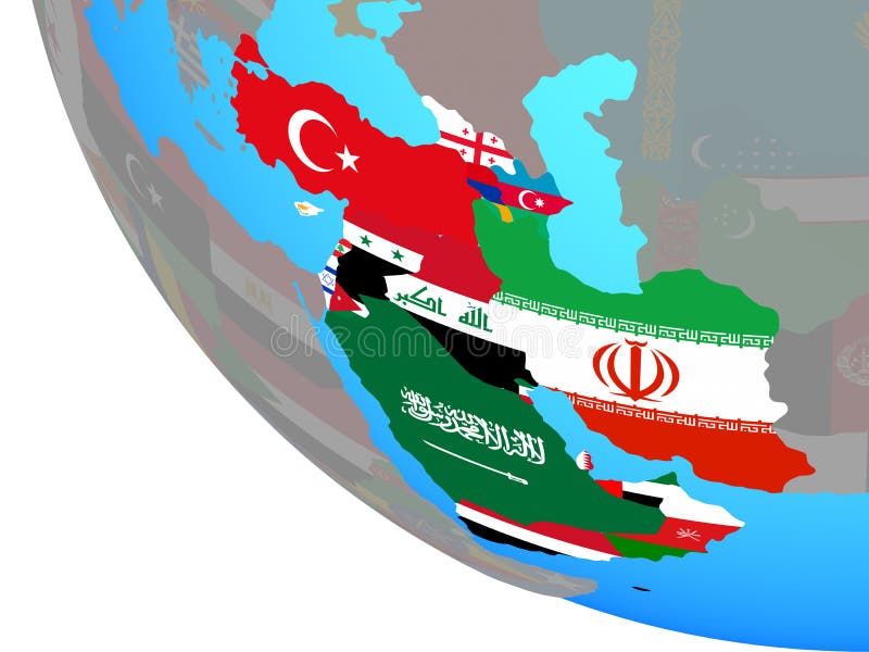 Western Asia with Flags on Globe Stock Illustration - Illustration of ...