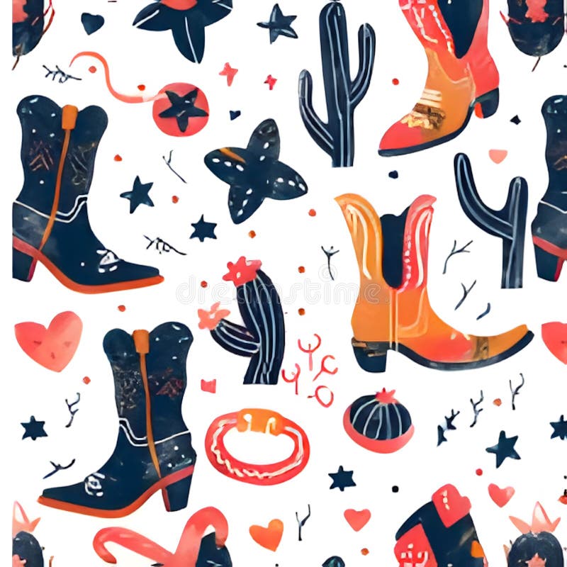 Western Boots and Cactus Seamless Pattern Stock Vector - Illustration ...