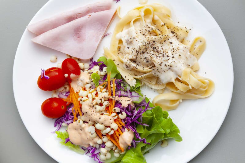Breakfast Plate, Salad, Pasta and Ham Stock Image - Image of cuisine ...