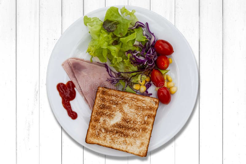 Breakfast Set , Bread with Ham and Lettuce Stock Image - Image of ...