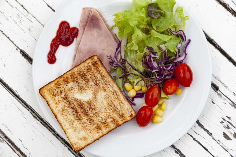 Western Breakfast Set , Bread, Ham and Lettuce Stock Photo - Image of ...