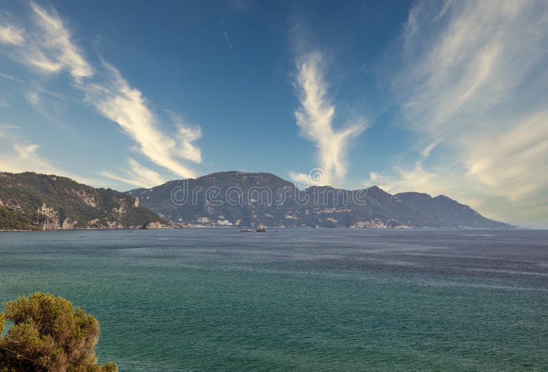 Western Corfu Sunset Coast with Mirtiotissa Beach, Greece Stock Image ...