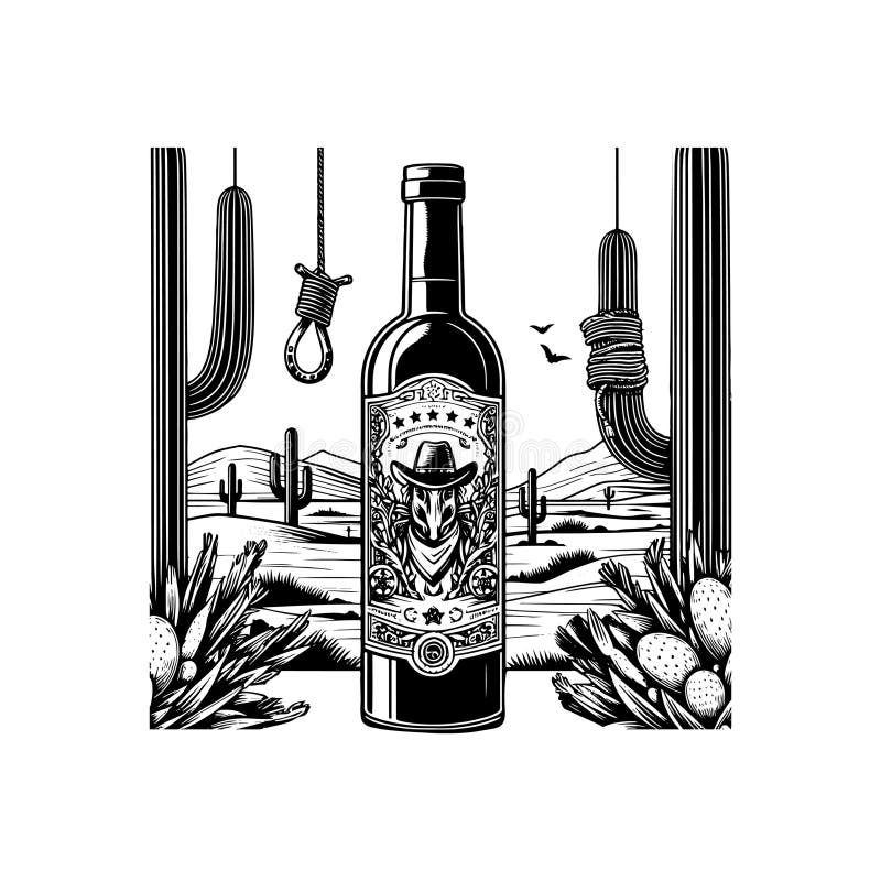 Western Cowboy Wine Bottle – Black and White Vector Line Art Stock ...
