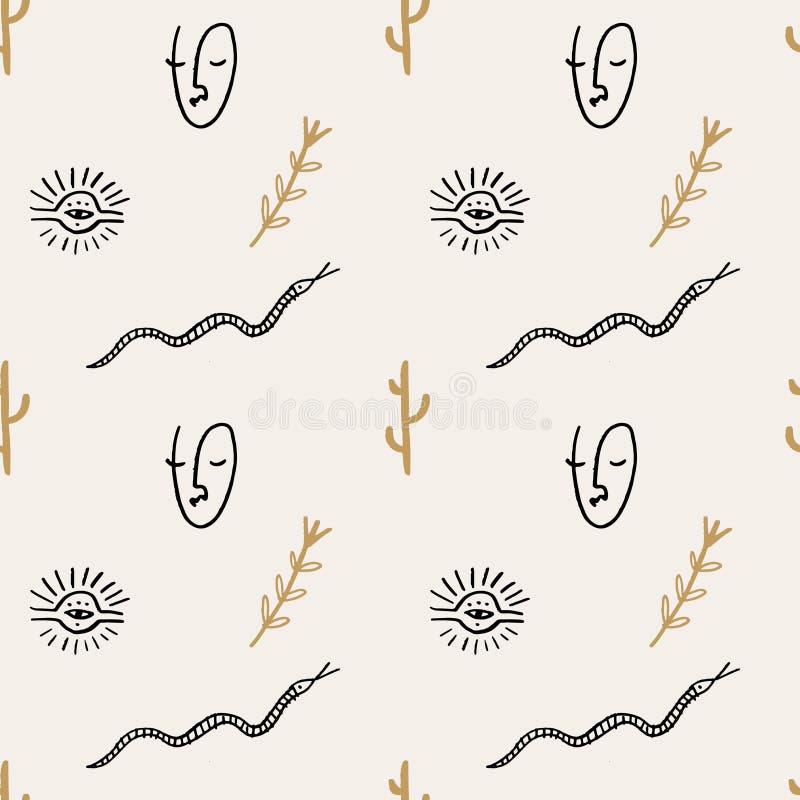 Western Desert Snake and Cacti Minimalist Artistic Trendy Scribble Boho ...