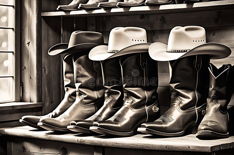 Western Elegance: Cowboy Hats Arrayed on a Wooden Shelf, Aged Leather ...