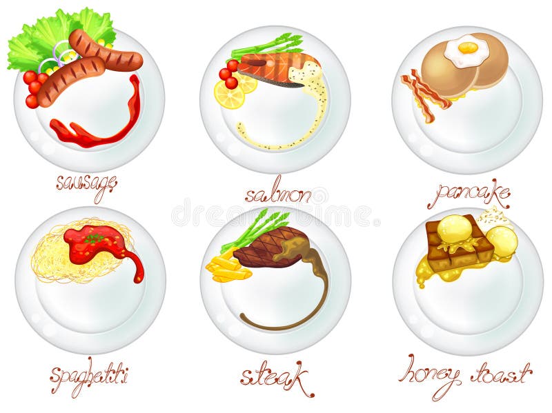 Western Food and Dessert in White Dishes Icon Set Stock Vector ...