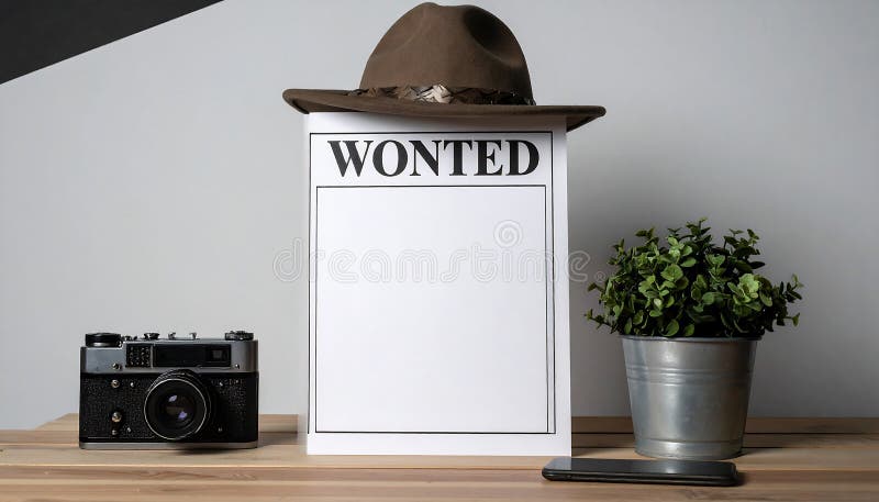 Western Hat on WANTED Poster with Camera, Plant, Phone on Table Stock ...