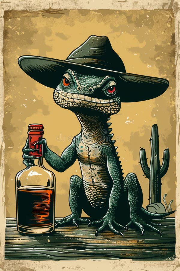 Western Lizard Cowboy Holding Drink in Desert Illustration with Cactus ...