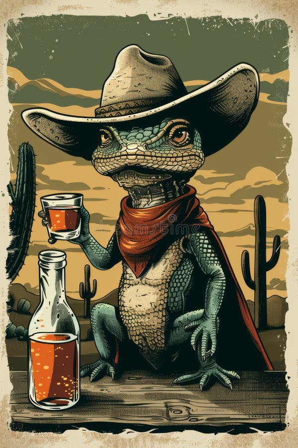 Western Lizard Cowboy Holding Drink in Desert Illustration with Cactus ...